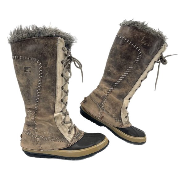 Sorel | Shoes | Sorel Brown Leather Snow Boots Waterproof Fur Trim ...